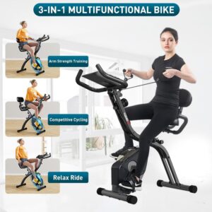 MAIBO Foldable Exercise Bike, Stationary Bikes for Home for Seniors, Exercise Equipment Full Body Workout Machines with Arm Resistance Band, Comfort Back Support Cushion & 4th gear Backrest Adjustments, Heart-Rate Monitor LCD Monitor