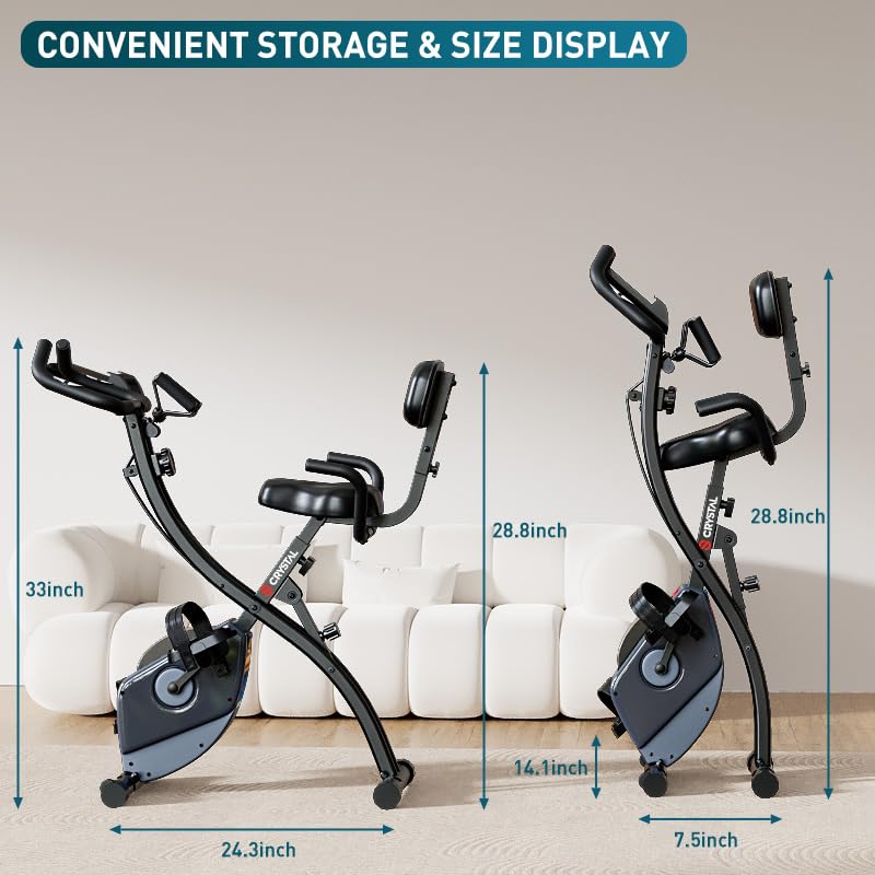 MAIBO Foldable Exercise Bike, Stationary Bikes for Home for Seniors, Exercise Equipment Full Body Workout Machines with Arm Resistance Band, Comfort Back Support Cushion & 4th gear Backrest Adjustments, Heart-Rate Monitor LCD Monitor