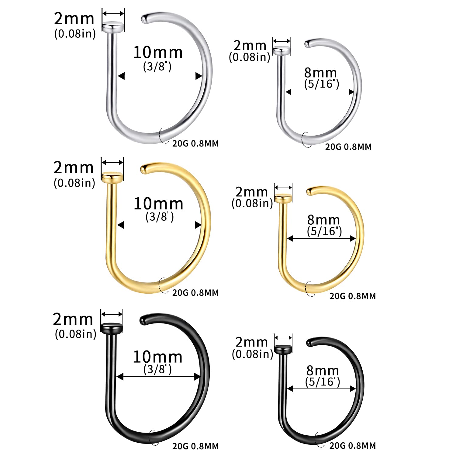 VOJO G23 Titanium 20G Nose Rings Hoops L Shaped Screw Nose Studs Diamond Small Piercing Jewelry for Women Men (D Nose Hoop Silver Gold Black,20G 8mm+10mm)