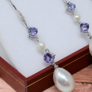 KOKAV Freshwater Pearl with Genuine Tanzanite and Diamond Dangle Earrings in 925 Sterling Silver