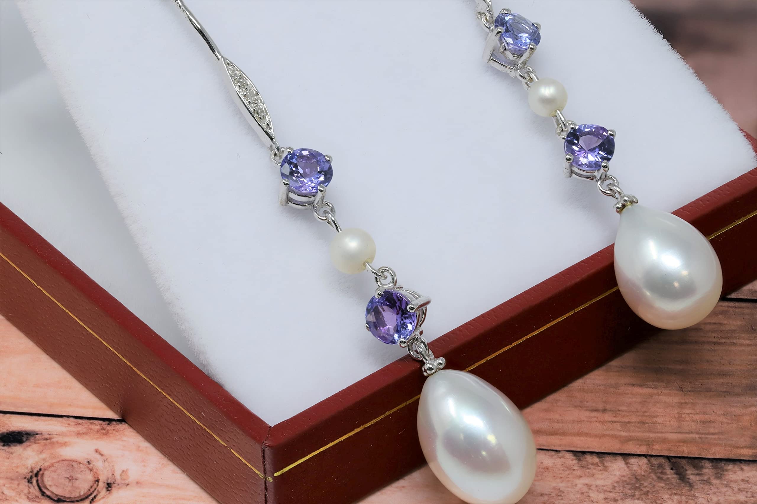 KOKAV Freshwater Pearl with Genuine Tanzanite and Diamond Dangle Earrings in 925 Sterling Silver