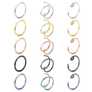 zelores 15pcs 18g nose rings hoops double nose ring for single piercing 316l surgical steel spiral nose hoop rings for women nostril piercing jewelry(8mm)