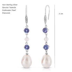 KOKAV Freshwater Pearl with Genuine Tanzanite and Diamond Dangle Earrings in 925 Sterling Silver