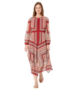 vince camuto printed chiffon long sleeve handkerchief hem maxi rust 10