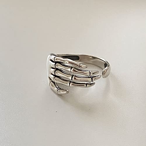 RUIZHEN Antique Silver Open Adjustable Skeleton Hand Skull Finger Ring for Women Expandable Halloween Ring (antique silver)