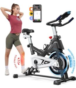 pooboo magnetic exercise bike stationary, indoor cycling bike with built-in bluetooth sensor compatible with exercise bike apps& ipad mount, comfortable seat and slant board, silent belt drive, 350lbs