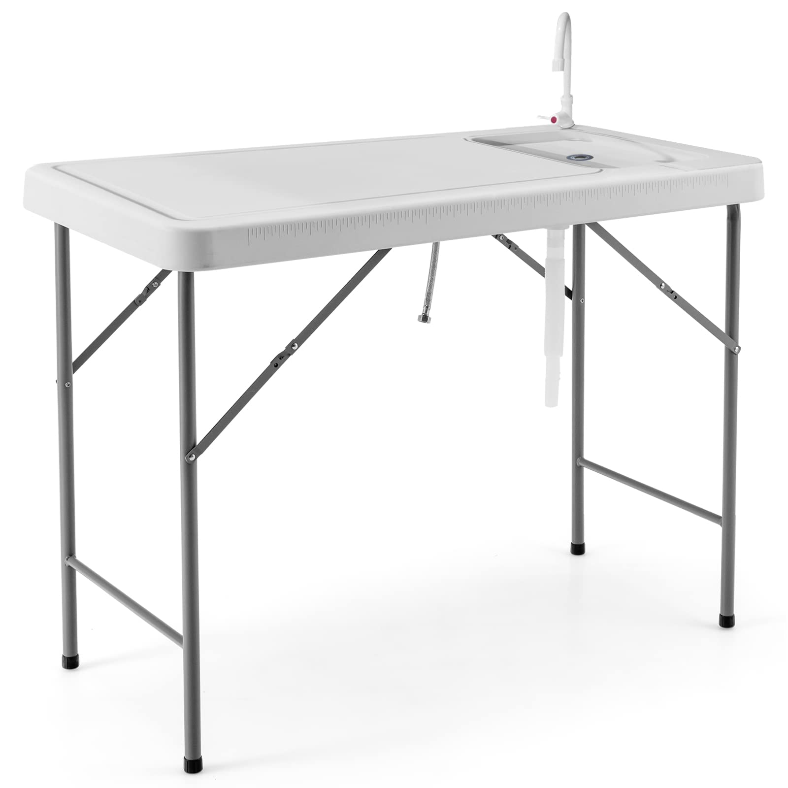 Goplus Folding Fish Cleaning Table with Sink and Faucet, Heavy Duty Fillet Table with Hose Hook Up, Portable Outdoor Camping Sink Station, Hunting Cutting Table for Dock Beach Patio Picnic