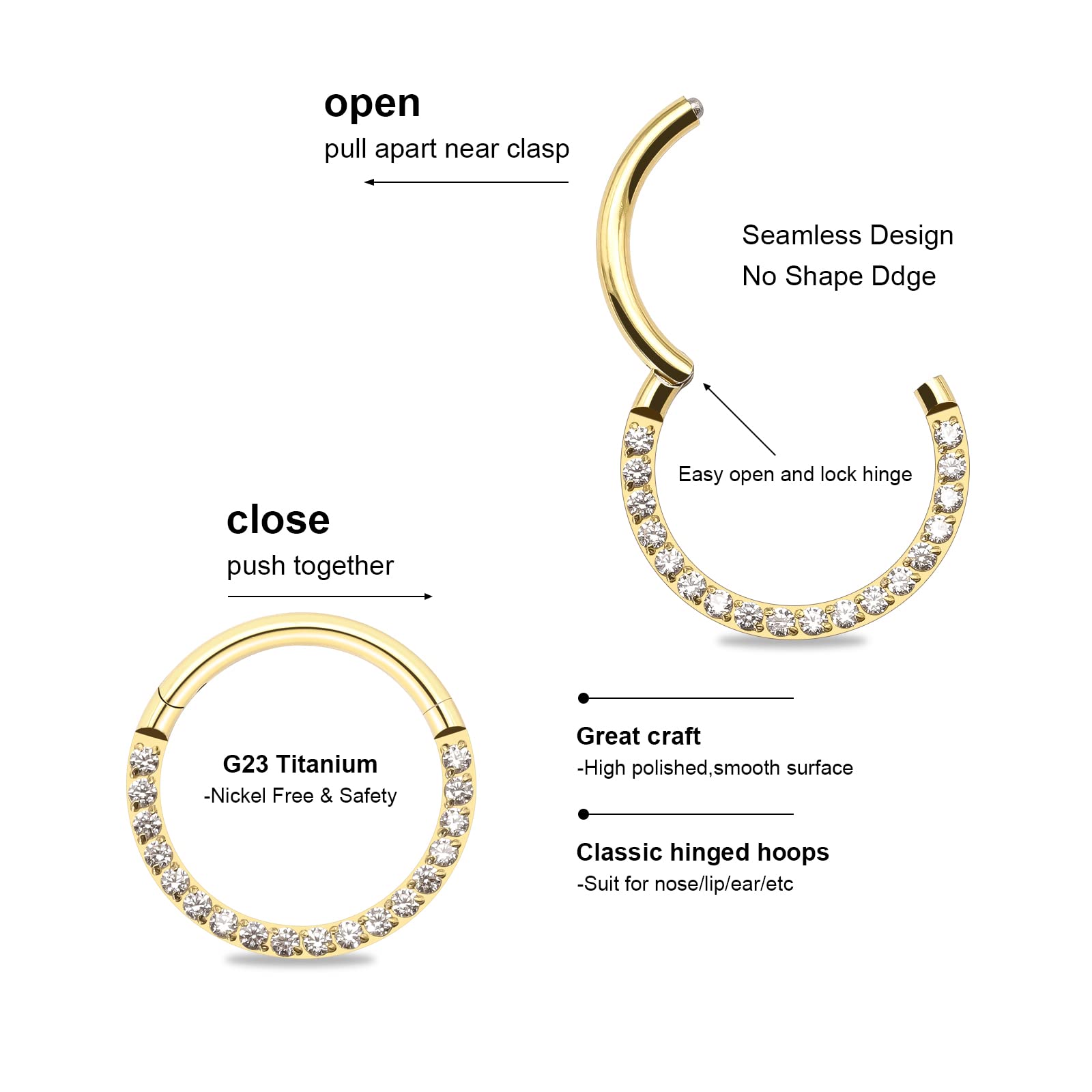 BLISI G23 Titanium Septum Clicker 16G Gold Hinged Nose Hoop Segment Rings 8mm Cubic Zirconia Cartilage Earrings Conch Daith Helix Rook Tragus Ear Body Piercing Jewelry