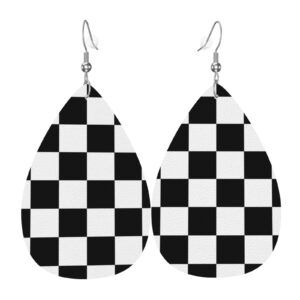 checkerboard chess board flag faux leather teardrop earrings for women drop dangle earrings gift