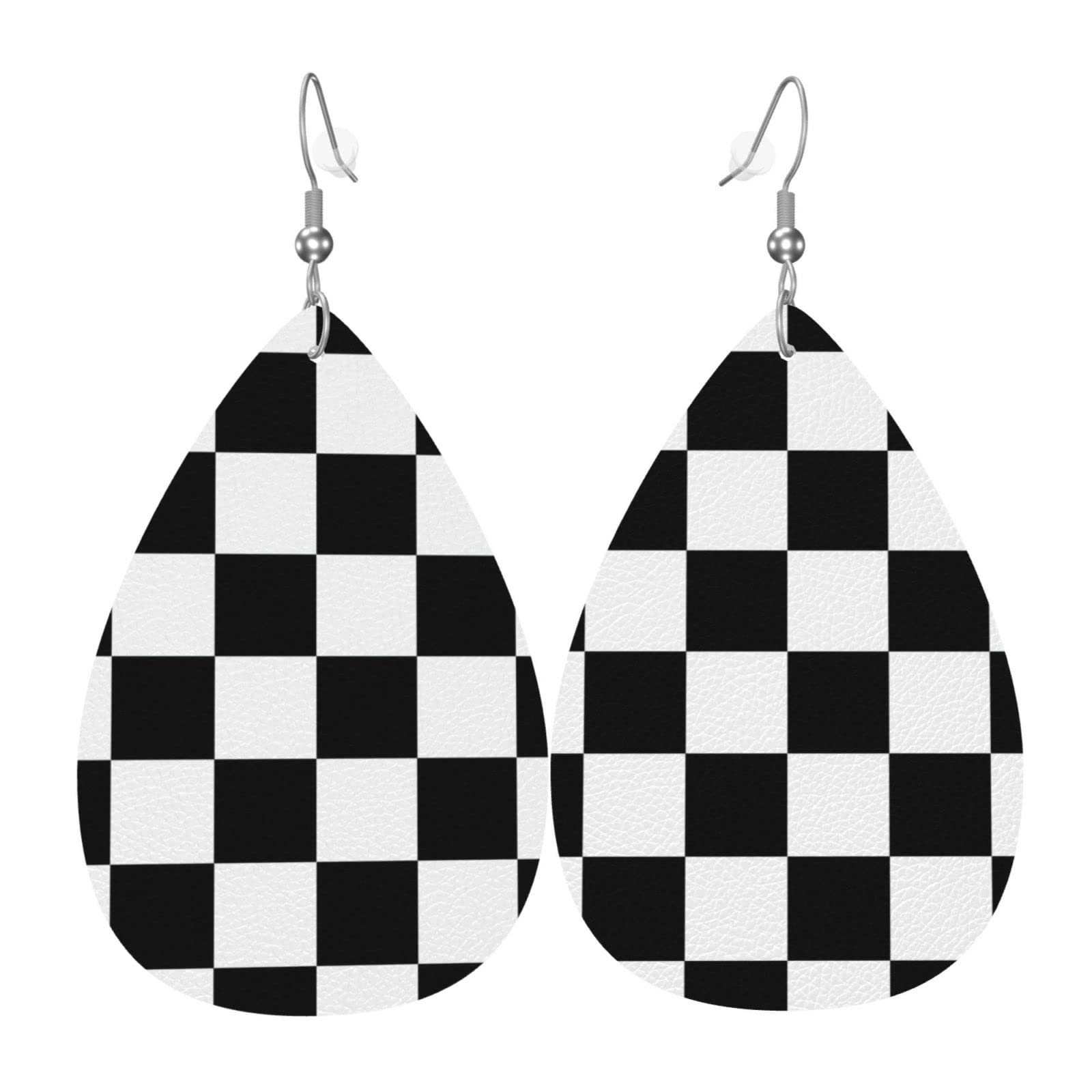 Checkerboard Chess Board Flag Faux Leather Teardrop Earrings for Women Drop Dangle Earrings Gift