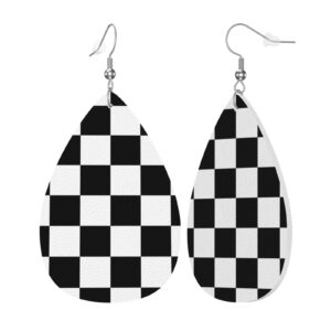 Checkerboard Chess Board Flag Faux Leather Teardrop Earrings for Women Drop Dangle Earrings Gift