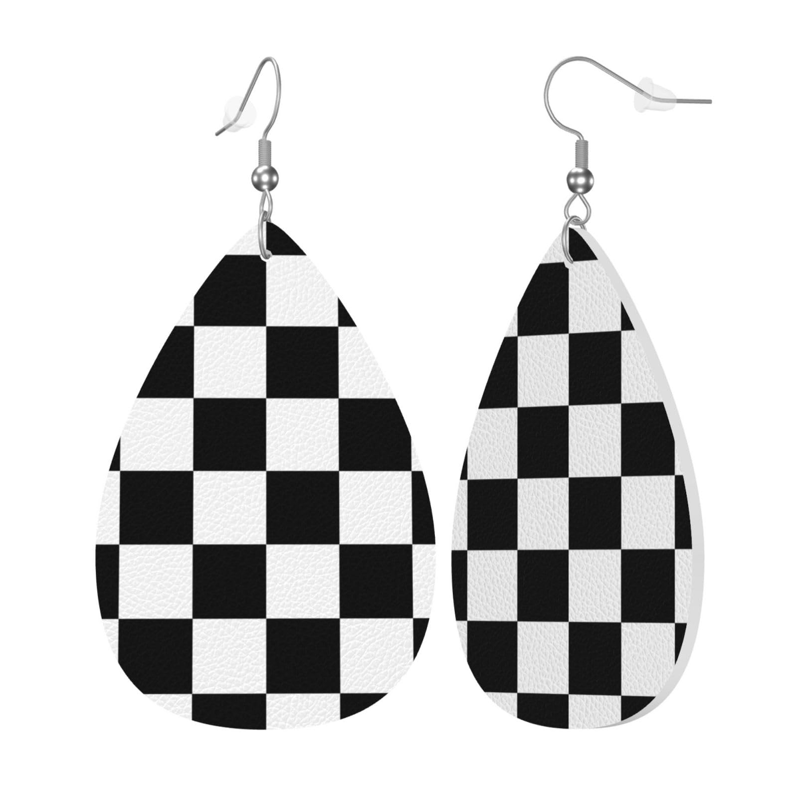 Checkerboard Chess Board Flag Faux Leather Teardrop Earrings for Women Drop Dangle Earrings Gift