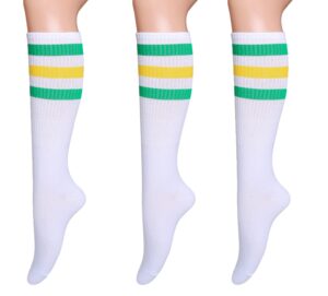 henwarry 3 pairs classic triple stripes over the calf cotton retro tube socks for men and women (b04-green/yellow/white)