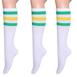 Henwarry 3 Pairs Classic Triple Stripes Over the Calf Cotton Retro Tube Socks for Men and Women (B04-Green/Yellow/White)