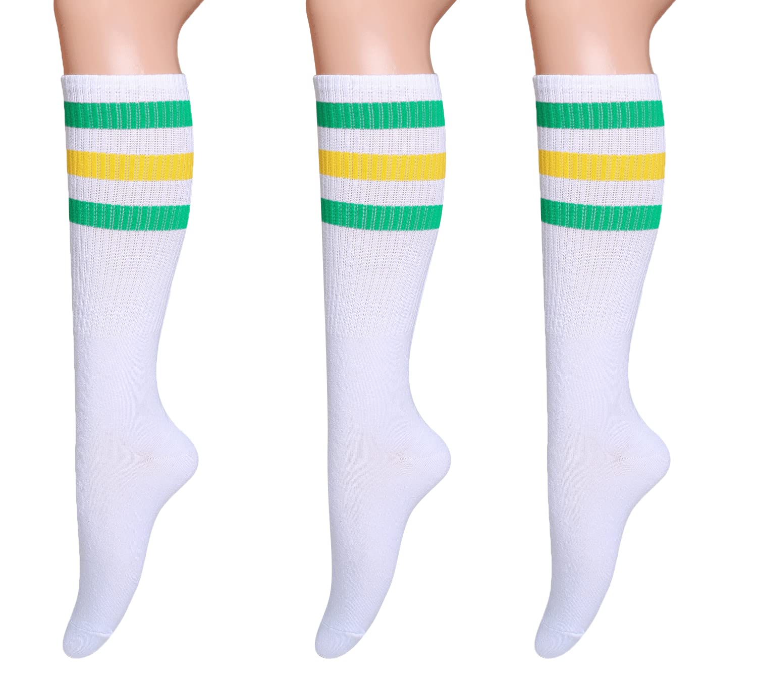 Henwarry 3 Pairs Classic Triple Stripes Over the Calf Cotton Retro Tube Socks for Men and Women (B04-Green/Yellow/White)