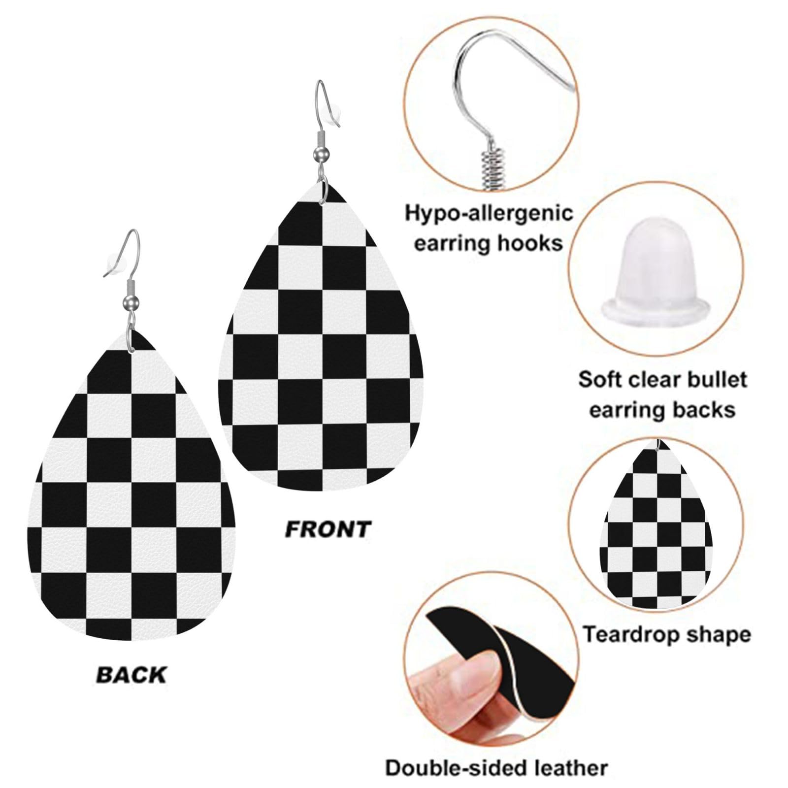 Checkerboard Chess Board Flag Faux Leather Teardrop Earrings for Women Drop Dangle Earrings Gift