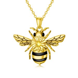 pelovny bee necklace gold plated s925 sterling silver bee gifts with sunflower necklaces bumble bee nature jewelry gift for women birthday christmas graduation