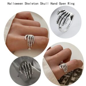 RUIZHEN Antique Silver Open Adjustable Skeleton Hand Skull Finger Ring for Women Expandable Halloween Ring (antique silver)