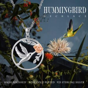 Hummingbird Necklace 925 Sterling Silver Cute Bird Rose Flower Pendant Necklace Hummingbird Animal Jewelry Gifts For Women Girls Animal Lovers