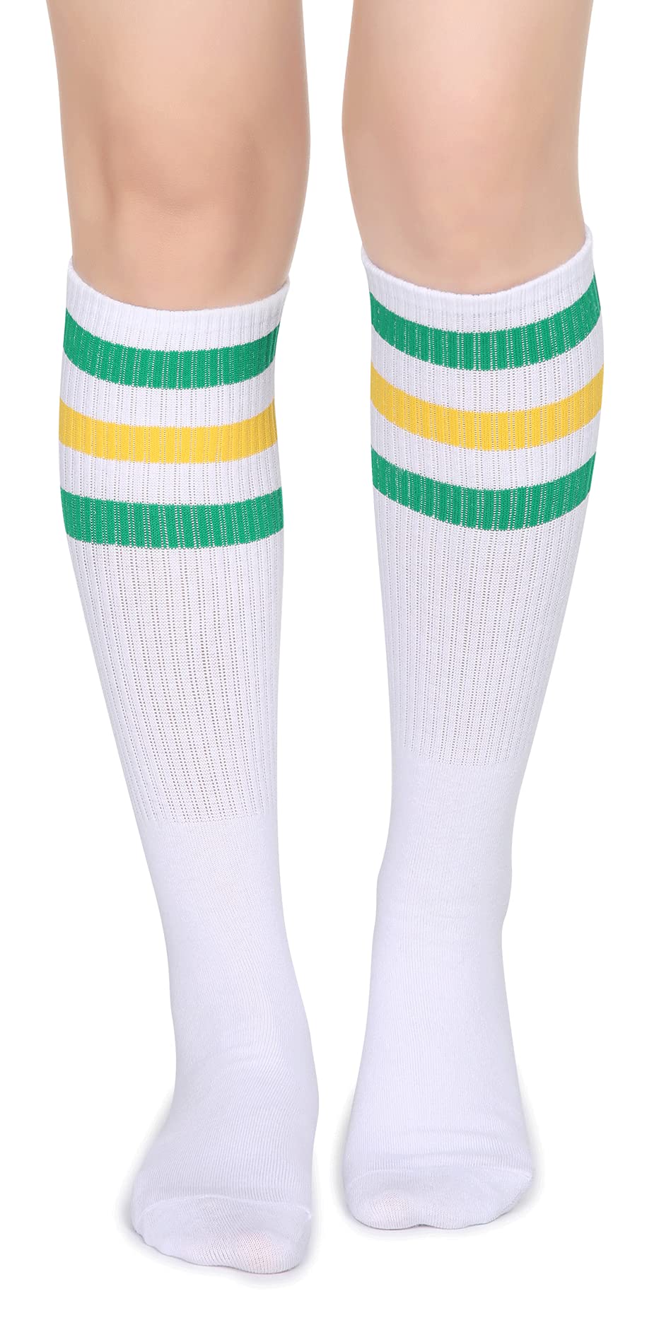 Henwarry 3 Pairs Classic Triple Stripes Over the Calf Cotton Retro Tube Socks for Men and Women (B04-Green/Yellow/White)