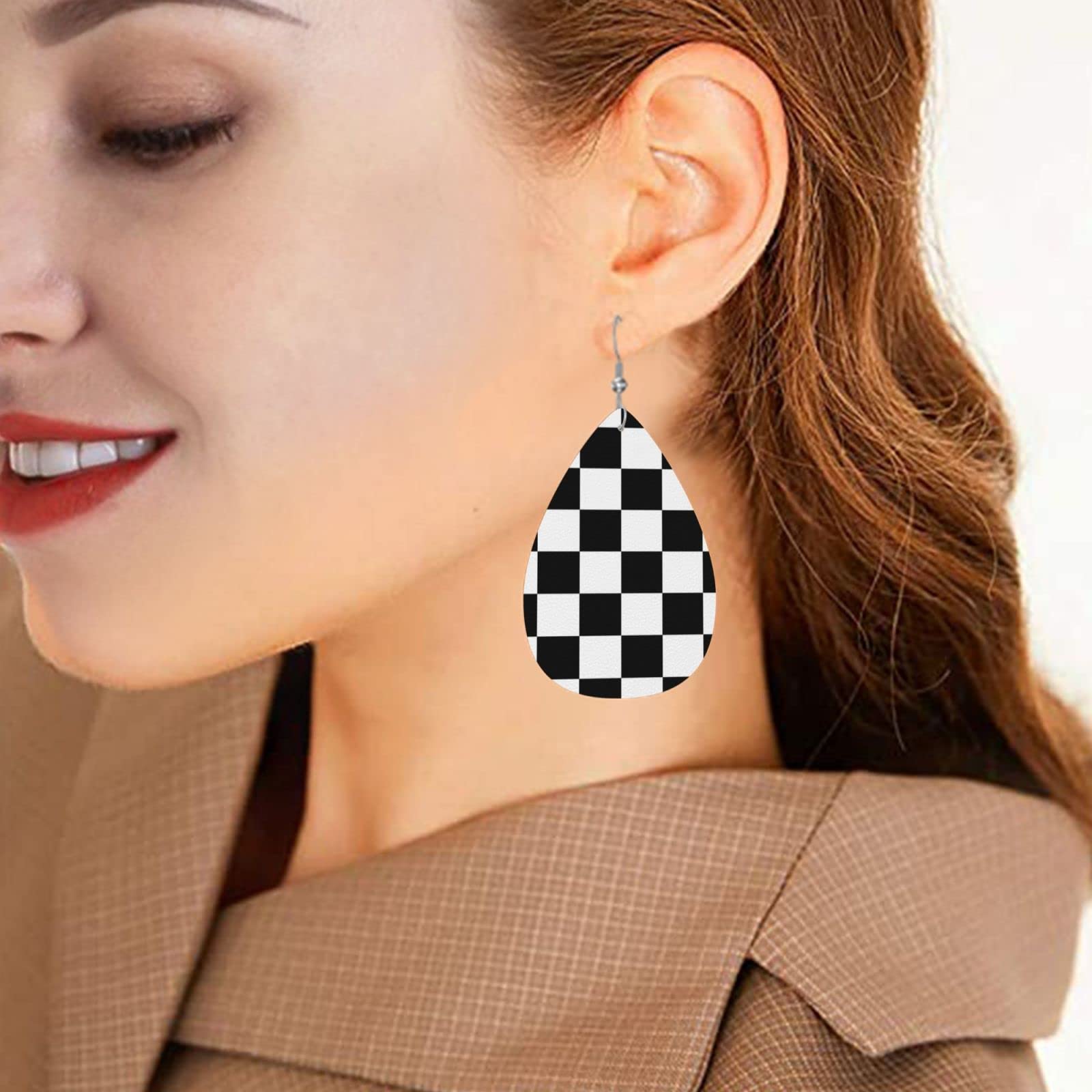 Checkerboard Chess Board Flag Faux Leather Teardrop Earrings for Women Drop Dangle Earrings Gift