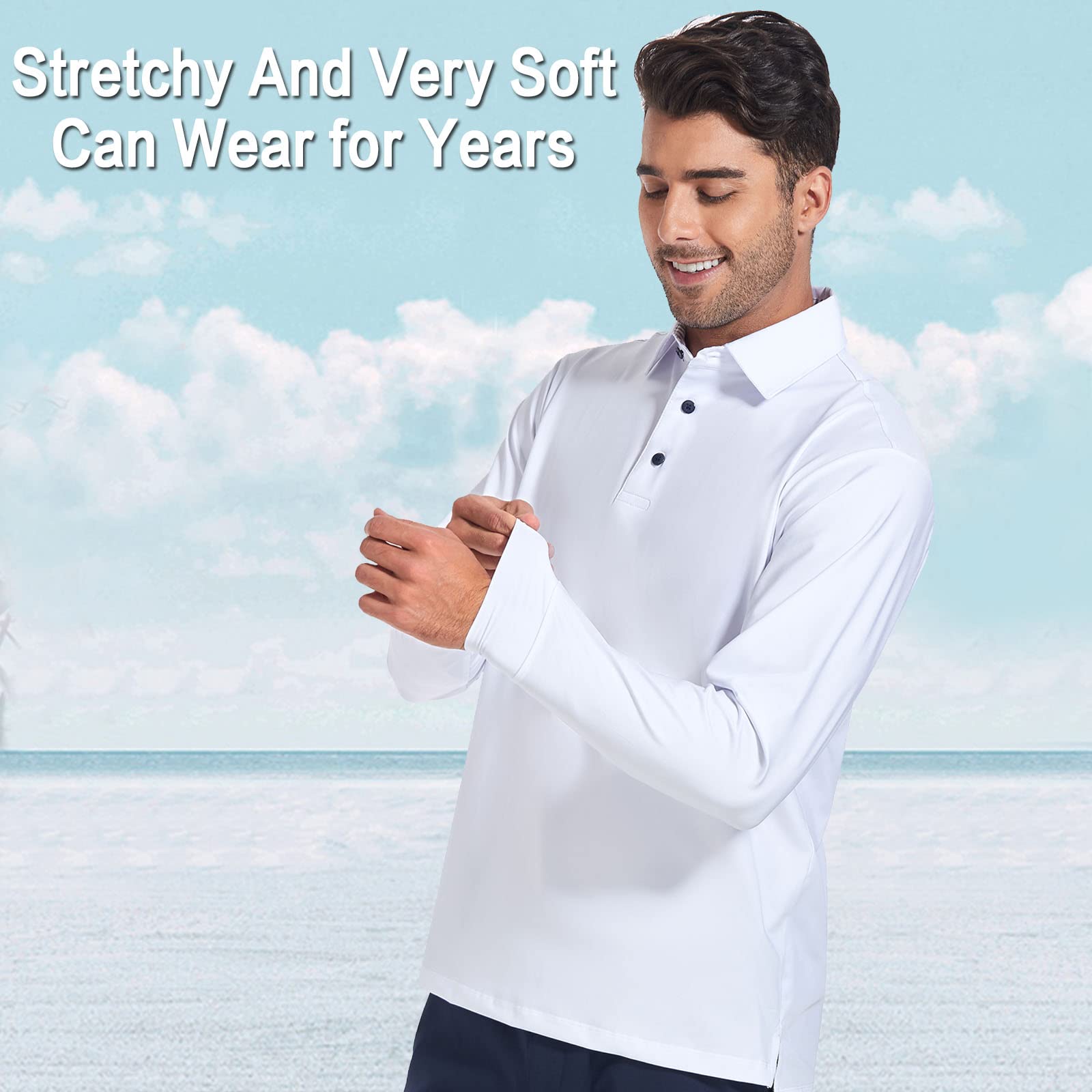 FINGER TEN Men's Golf Shirts Long Sleeve Short Lightweight Dry Fit Moisture Wicking T-Shirts UPF 50 Sun Protection (White, Large)