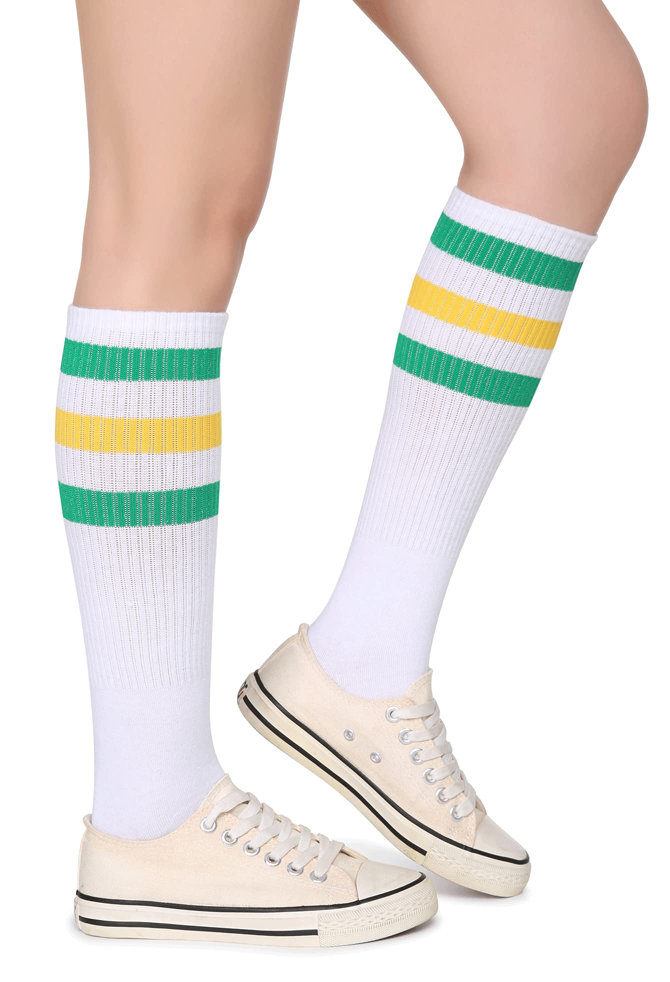 Henwarry 3 Pairs Classic Triple Stripes Over the Calf Cotton Retro Tube Socks for Men and Women (B04-Green/Yellow/White)