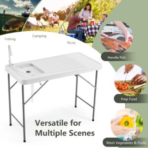 Goplus Folding Fish Cleaning Table with Sink and Faucet, Heavy Duty Fillet Table with Hose Hook Up, Portable Outdoor Camping Sink Station, Hunting Cutting Table for Dock Beach Patio Picnic