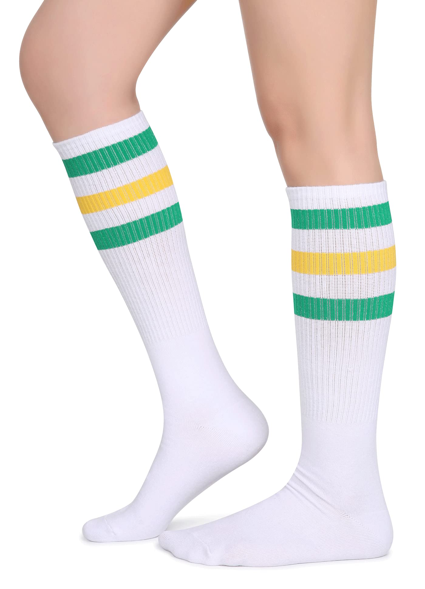 Henwarry 3 Pairs Classic Triple Stripes Over the Calf Cotton Retro Tube Socks for Men and Women (B04-Green/Yellow/White)