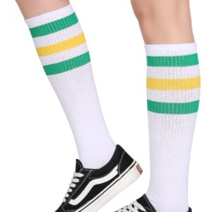 Henwarry 3 Pairs Classic Triple Stripes Over the Calf Cotton Retro Tube Socks for Men and Women (B04-Green/Yellow/White)