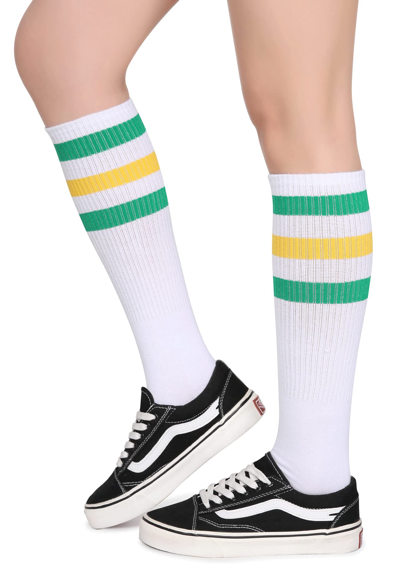 Henwarry 3 Pairs Classic Triple Stripes Over the Calf Cotton Retro Tube Socks for Men and Women (B04-Green/Yellow/White)