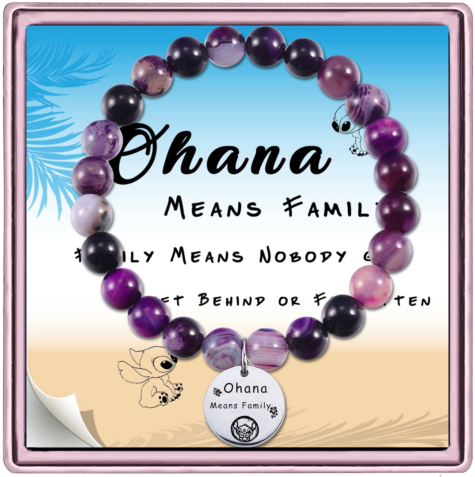 Ohana Means Family Bracelet Stitch Jewelry Gifts for Family Natural Stone Bead Gifts for Families（Purple）