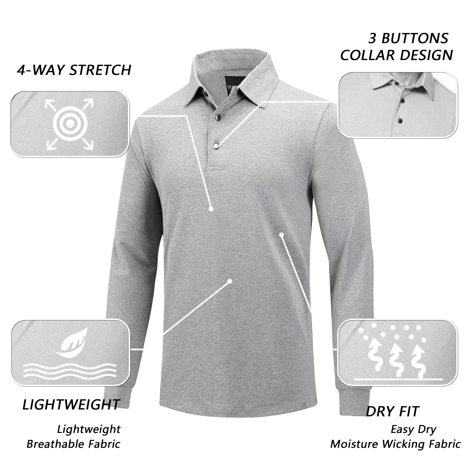 FINGER TEN Men's Golf Shirts Long Sleeve Short Lightweight Dry Fit Moisture Wicking T-Shirts UPF 50 Sun Protection (Light Gray, X-Large)