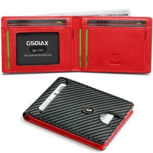 gsoiax mens slim wallet rfid blocking bifold wallets for men minimalist genuine leather carbon fiber card holder money clip thin mens with gift box (carbon black and red)