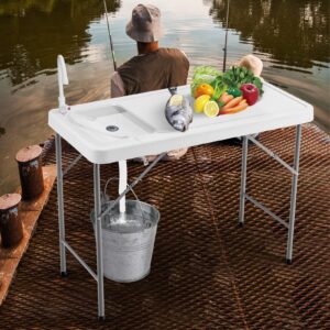 Goplus Folding Fish Cleaning Table with Sink and Faucet, Heavy Duty Fillet Table with Hose Hook Up, Portable Outdoor Camping Sink Station, Hunting Cutting Table for Dock Beach Patio Picnic