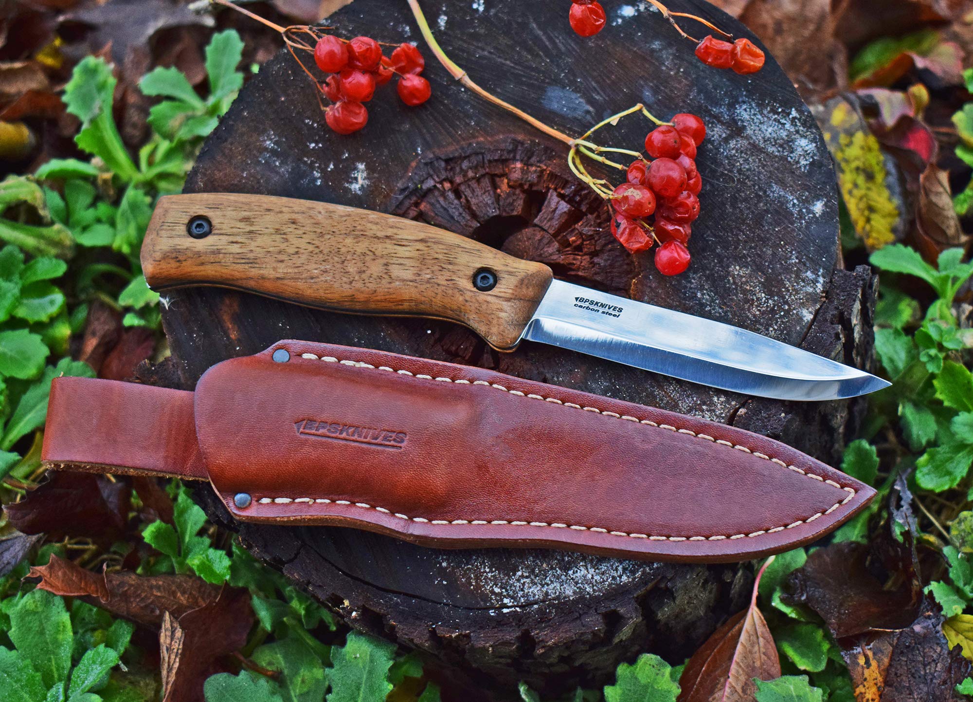 BPS Knives Set HK1S and BS3S Set - Carbon Steel Knives Full Tang Knives with Leather Sheaths Scandi Grind Camping Bushcraft Knives Bushlore