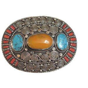 oval design belt buckle inlaid amber turquoise & coral stones tibetan silver