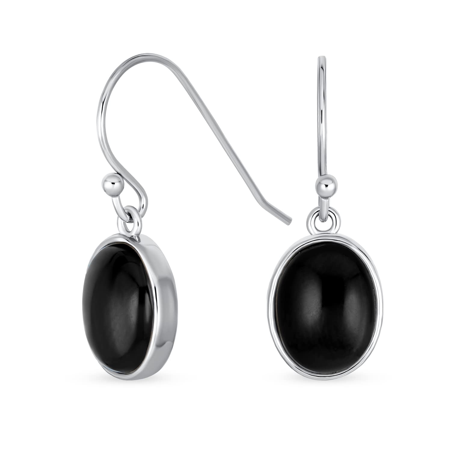 Classic Elegant Black Onyx Bezel Set Oval Cabochon Gemstone Drop Earrings For Women .925 Sterling Silver Wire Fish Hook