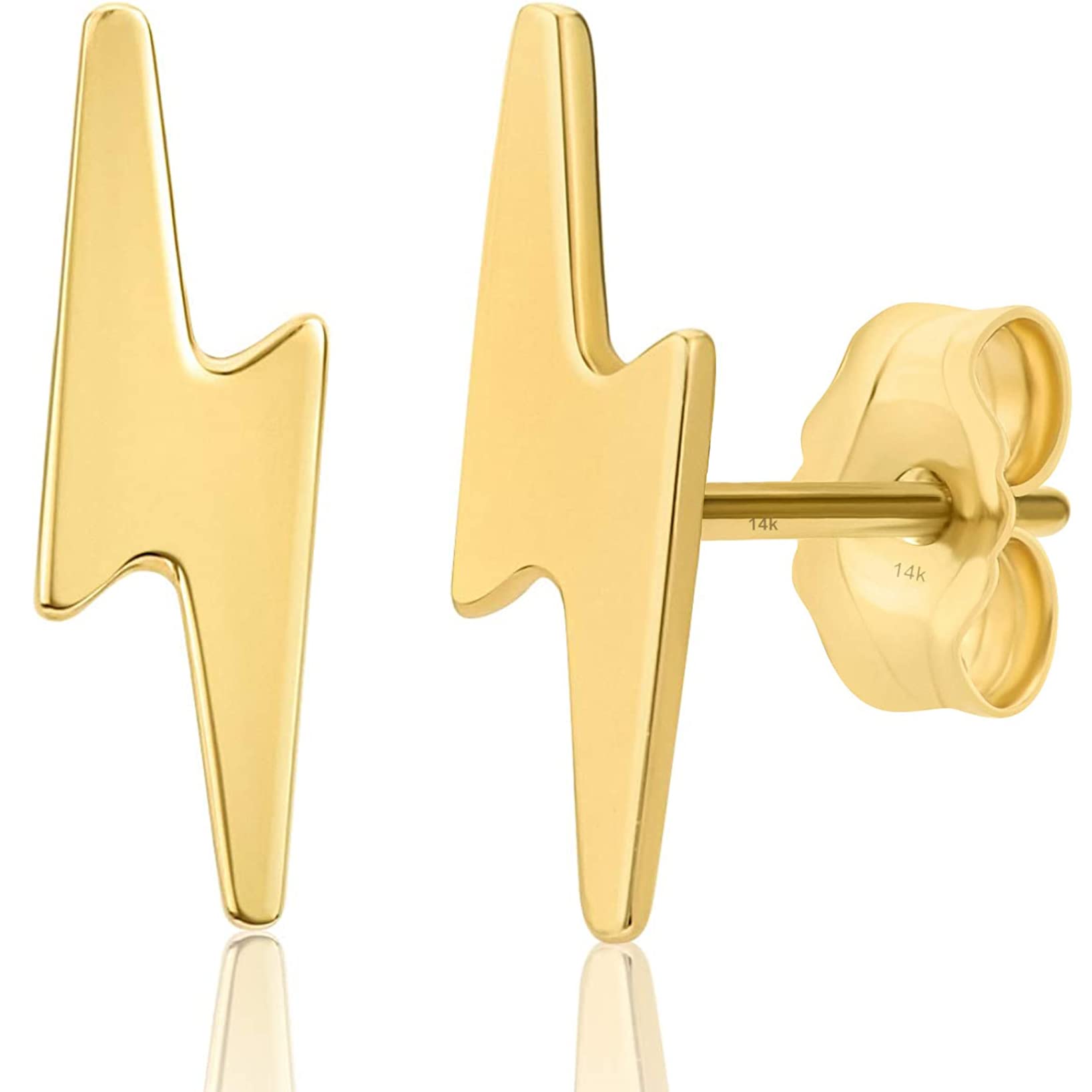 Solid 14K Gold Lightning Bolt Studs Dainty Earrings, Polished Finish, 10mm (Yellow Gold)