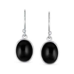 Classic Elegant Black Onyx Bezel Set Oval Cabochon Gemstone Drop Earrings For Women .925 Sterling Silver Wire Fish Hook