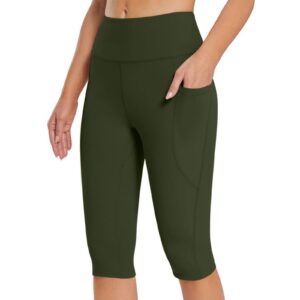 capri leggings for women knee length butt lift tights tummy control yoga workout exercise capri pants with pockets army green