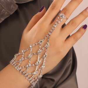 yertter dainty silver rhinestone wedding brides hand accessories slave link with ring bracelet sparkly bracelet with ring hareness hand chain party for women girls (style 1)