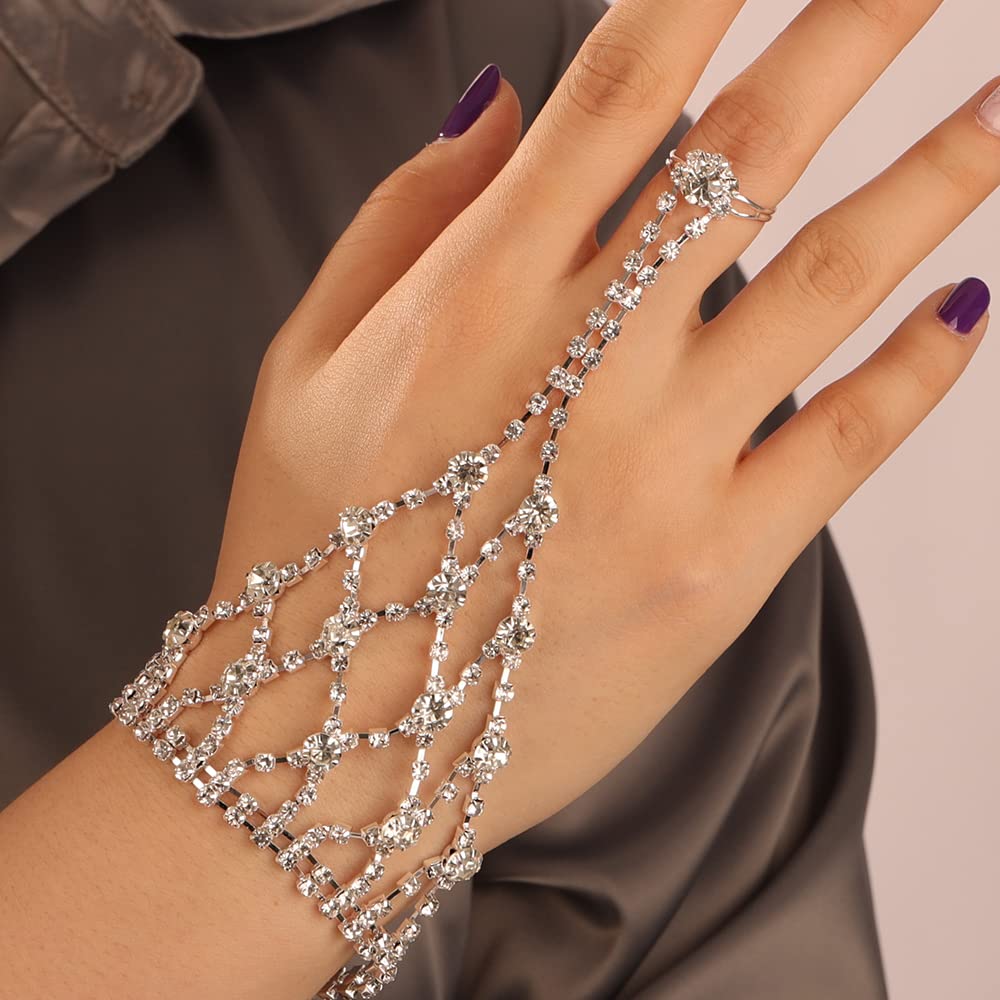 YERTTER Dainty Silver Rhinestone Wedding Brides Hand Accessories Slave Link with Ring Bracelet Sparkly Bracelet with Ring Hareness Hand Chain Party for Women Girls (Style 1)