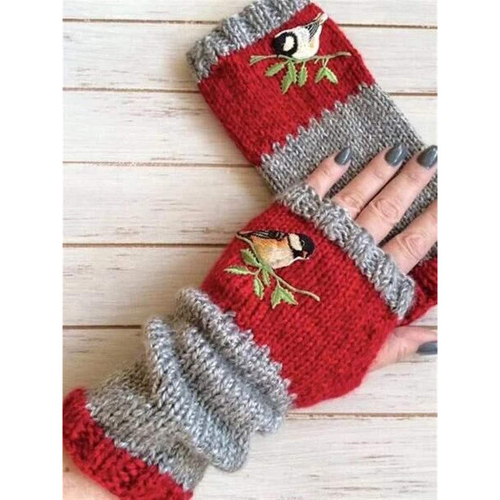 Warm Embroidery Knitted Fingerless Gloves for Women Winter Warm Mittens for Cold Weather (Red, One Size)