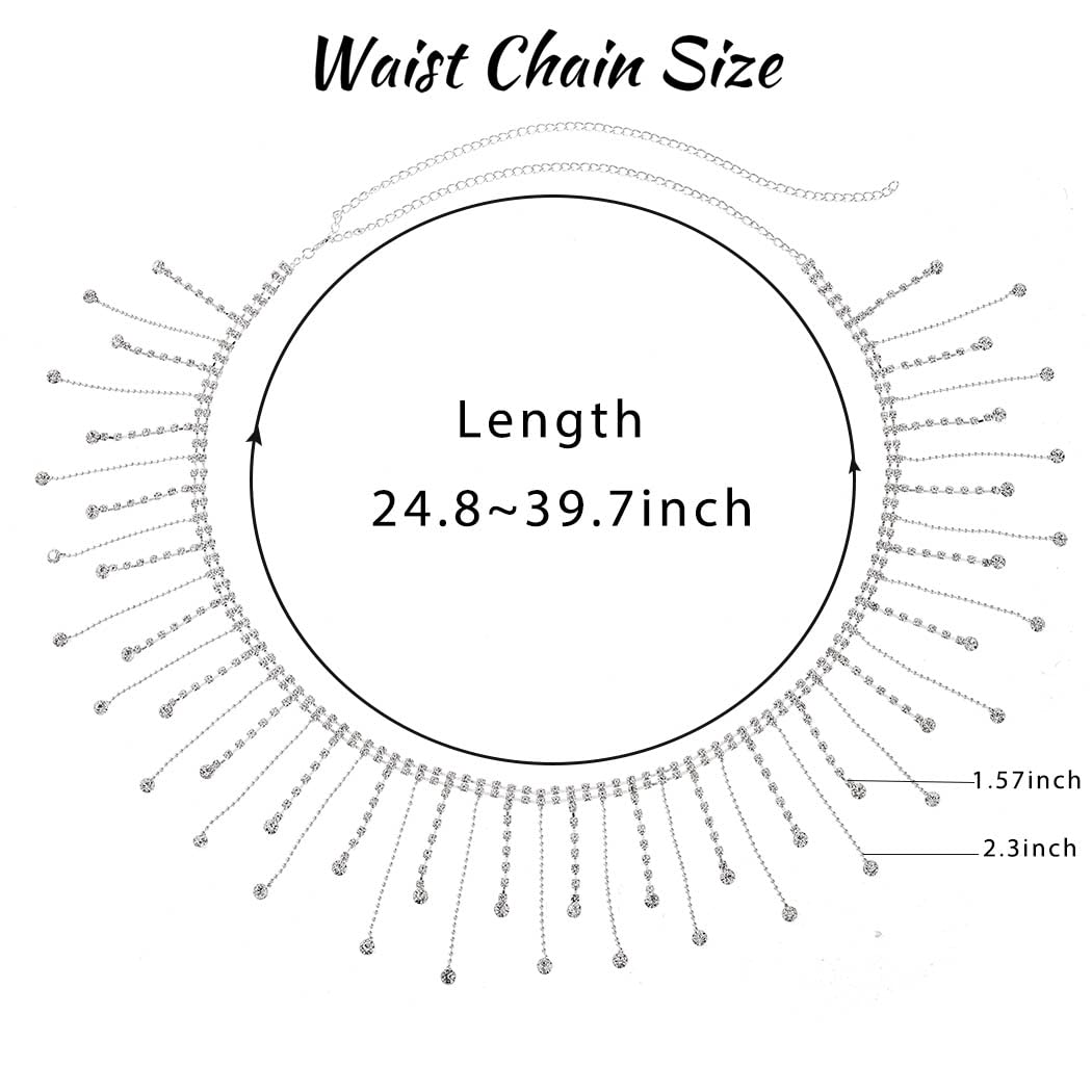 Tgirls Rhinestone Waist Chain Jewelry Sexy Silver Heart Belly Chains Layered Tassels Waist Body Chains Navel Button Ring Piercing Waist Chain Body Accessory for Women and Girls (Silver-tassel)