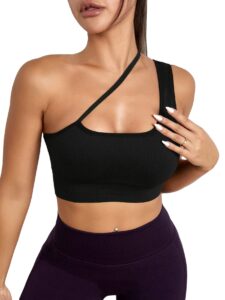 soly hux women's one shoulder sports bra cut out sleeveless workout running yoga crop top black s