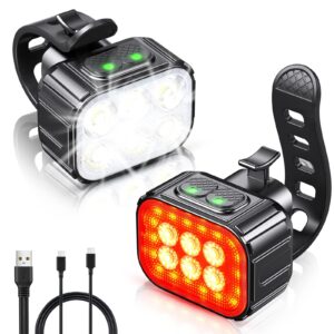 bike lights set ultra bright, cuvccn bicycle light rechargeable with 6 spot & flood beams, ip65 waterproof bike lights for night riding, diy 4x4 + 6x6 modes bike headlight and tail light reflectors