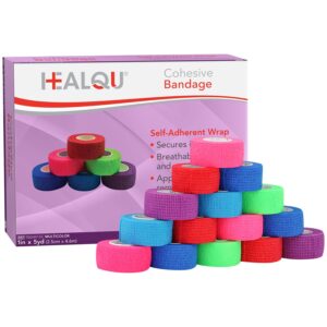 healqu self adhesive bandage wrap – cohesive tape for athletic and sports 1inx5yd, 12 rolls - self adherent medical tape, flexible, elastic bandages multicolor for wrist & ankle vet wrap for dogs