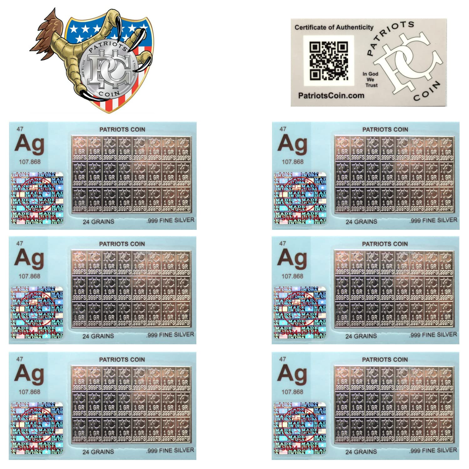 Pure Silver Bullion Bar Divides to 24 One Grain Bars .999 Fine Silver Snaps Apart to Individual 1 Grain Ingots (6)