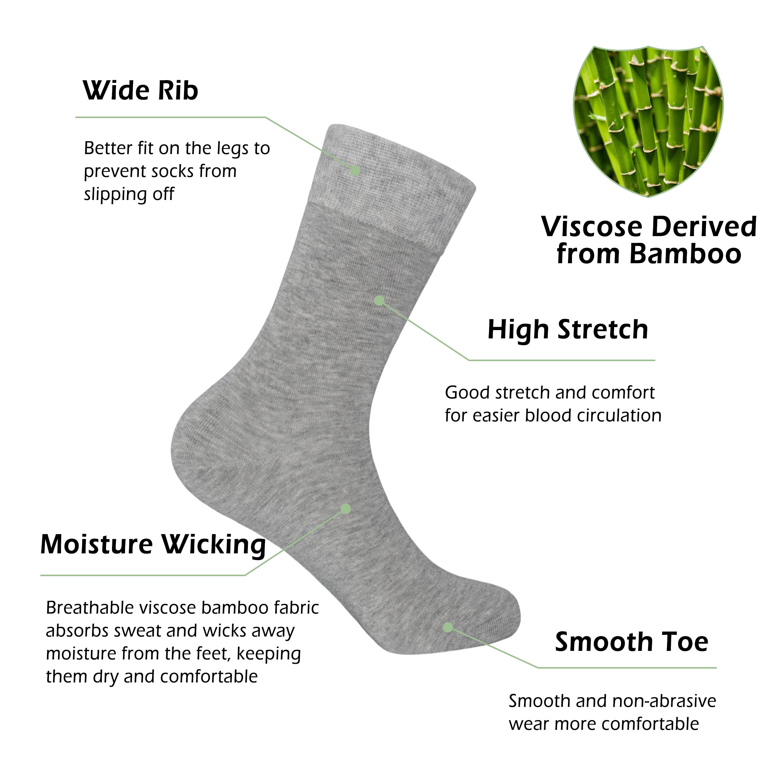 SERISIMPLE Viscose Bamboo Dress Men Sock Thin Soft Crew Anti Odor Lightweight Sock Breathable Comfort Cool soft Sock 5 Pairs (US, Alpha, X-Large, Regular, Regular, Grey)